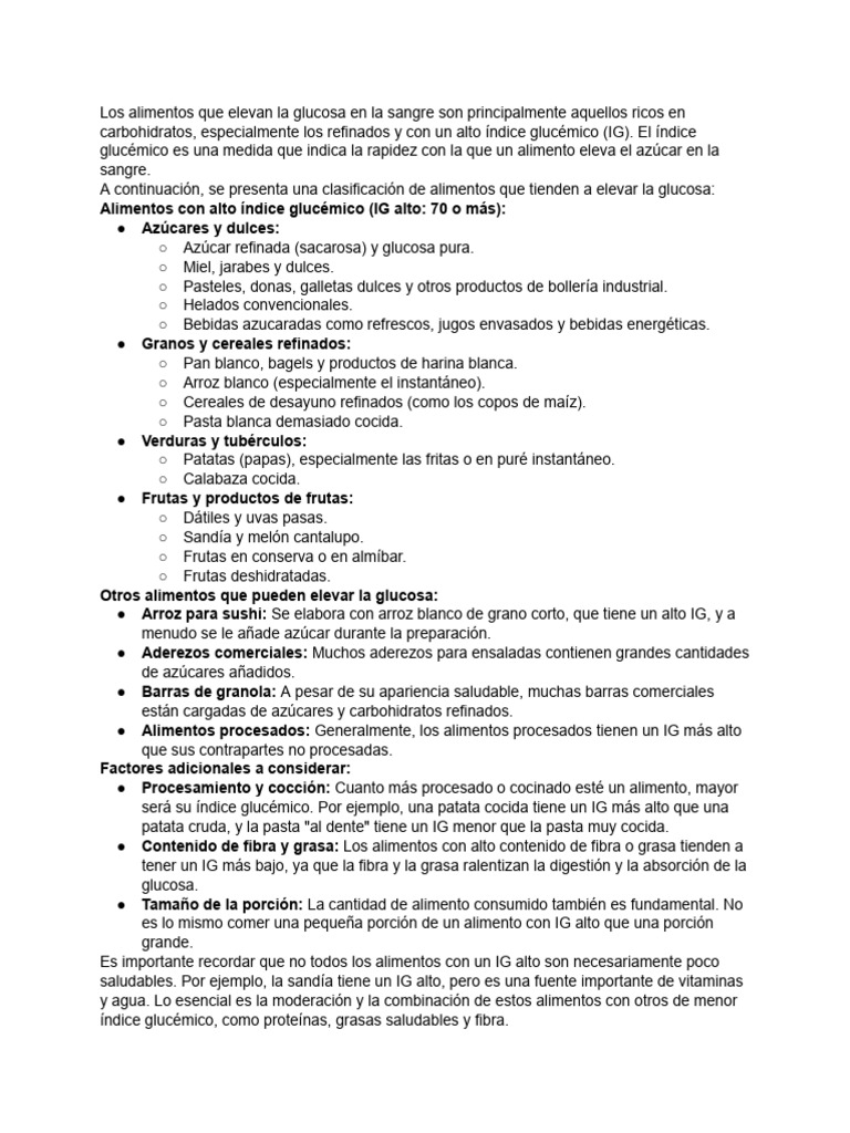 Alimentos que Elevan la Glucosa | PDF | Nivel de glucosa | Alimentos