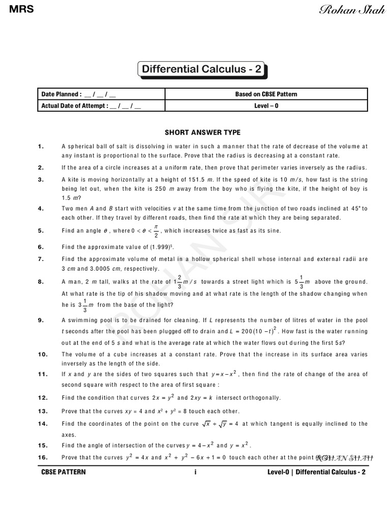 Differential Calculus Level-0 Exercises | PDF | Calculus | Mathematical ...
