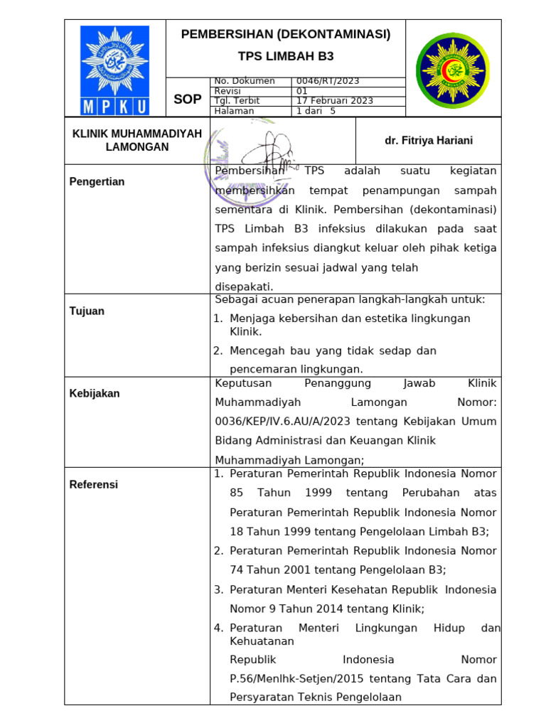 Standar 1.3.5 - SOP Pembersihan (Dekontaminasi) TPS Limbah B3 ...