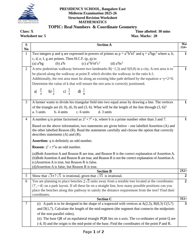 Math Revision Worksheet: Real Numbers & Geometry | PDF | Line (Geometry ...