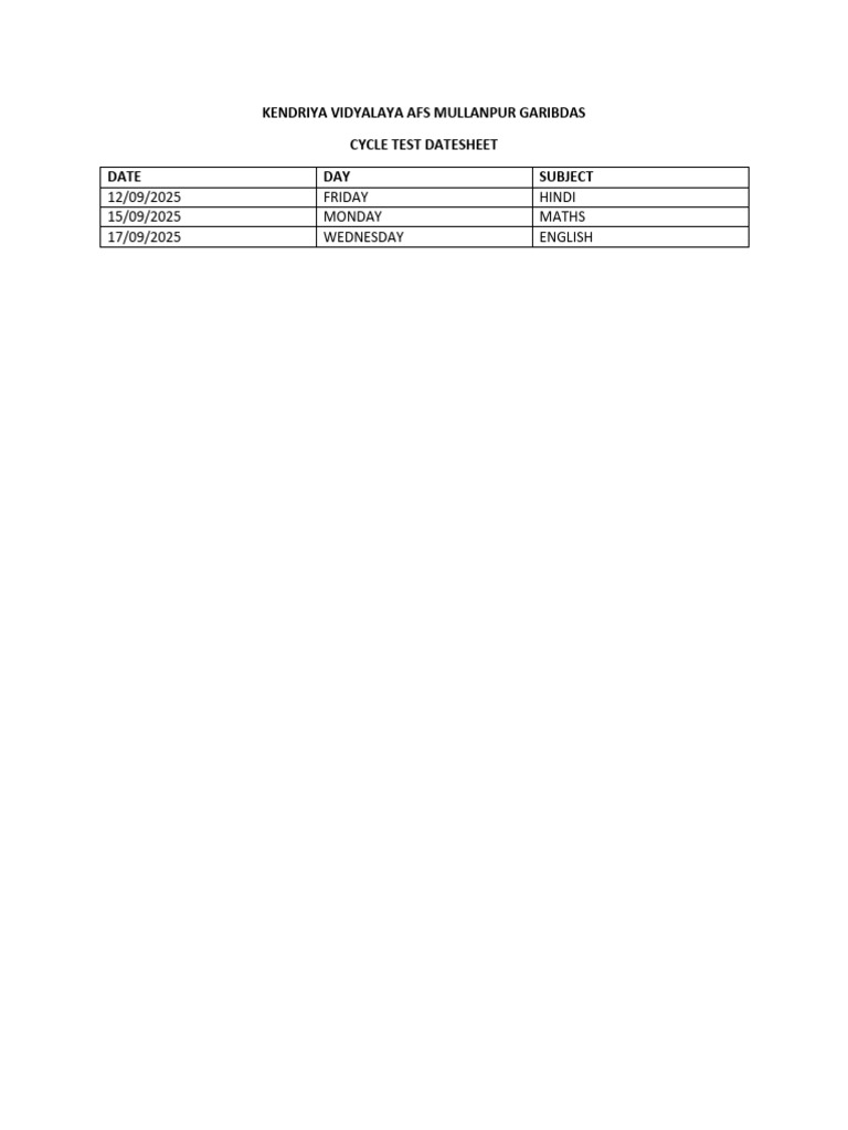Cycle Test Datesheet | PDF