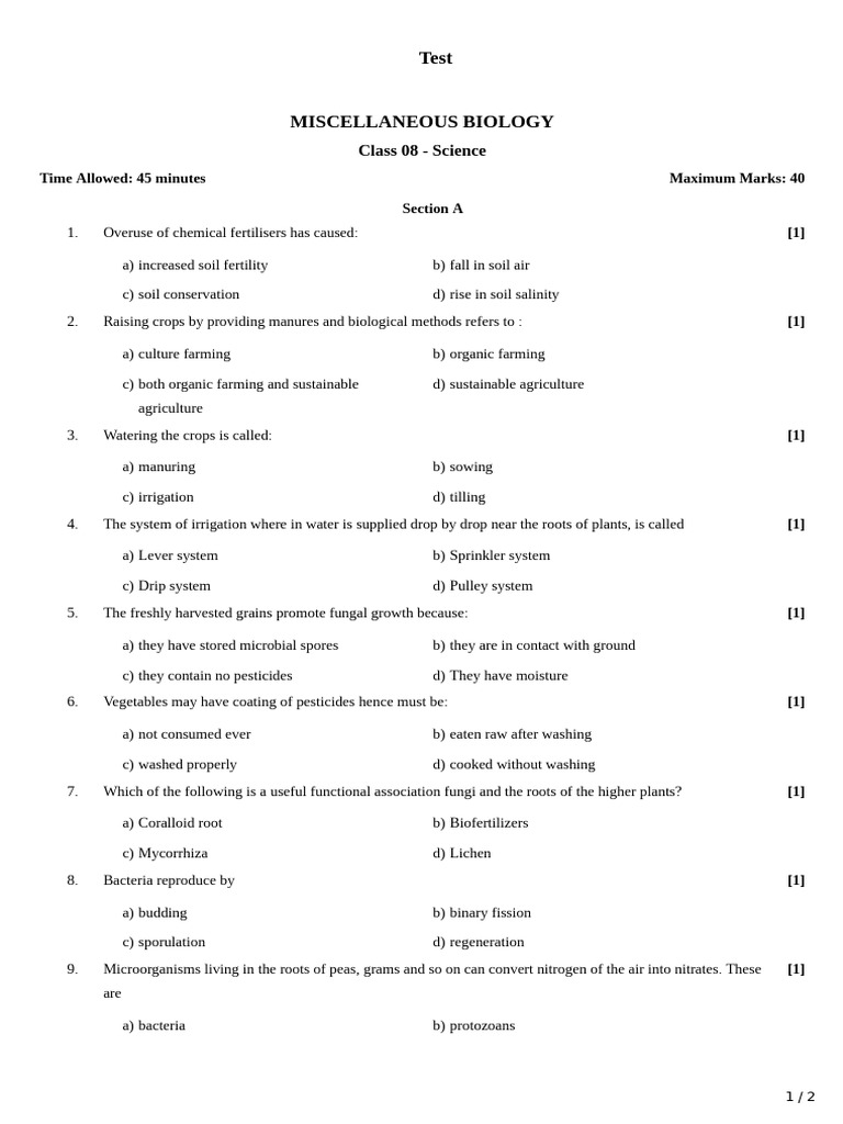 Miscellaneous Biology Test for Class 8 | PDF | Soil | Agriculture