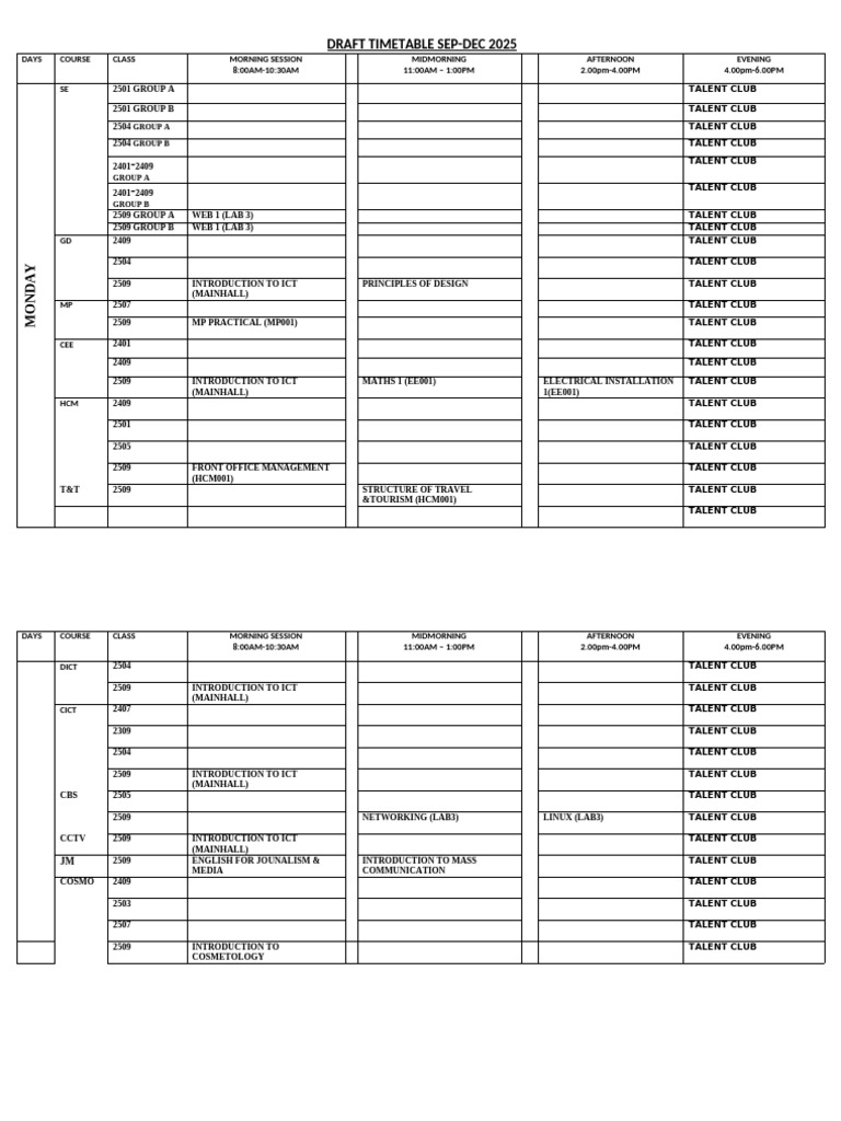 Sept-Dec Timetable Draft 2025 | PDF | Chess Theory | Chess