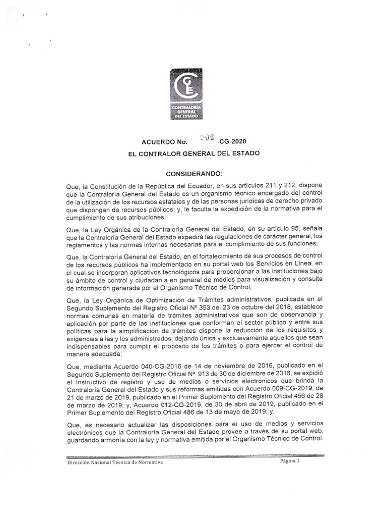 Acuerdo 006-CG-2020 Instructivo Uso Medios Electronicos | PDF