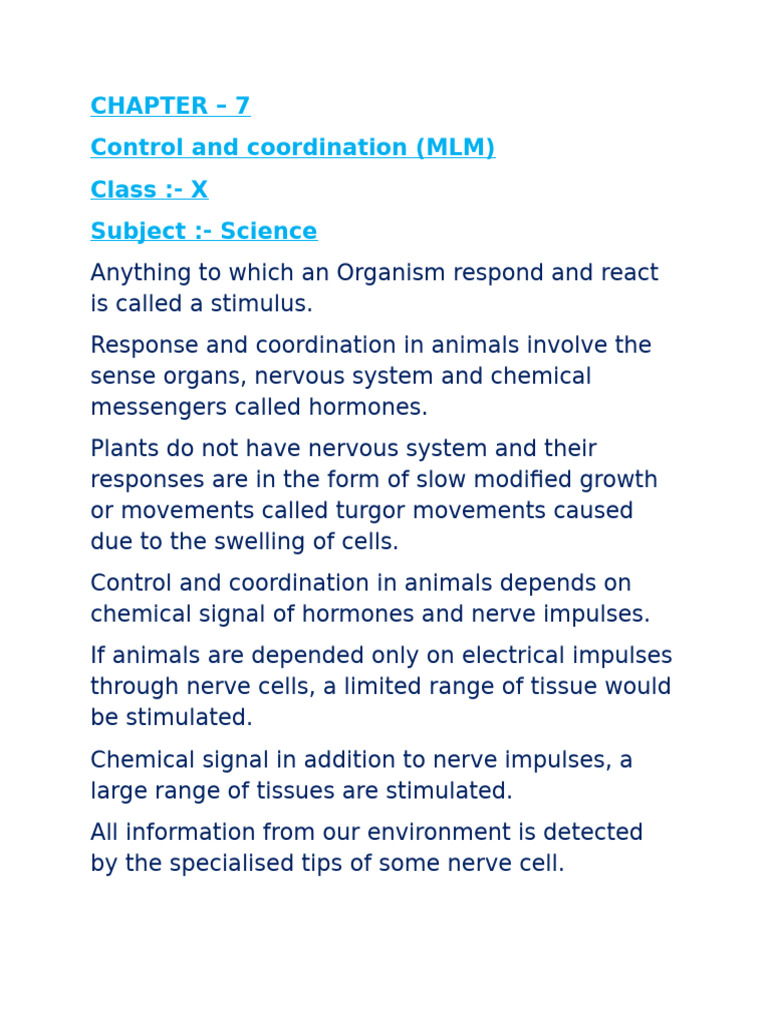 Control and Coordination in Organisms | PDF | Nervous System | Brain