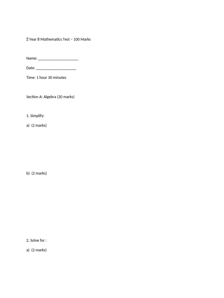 Year 8 Maths Test Paper 100 Marks | PDF | Area | Triangle