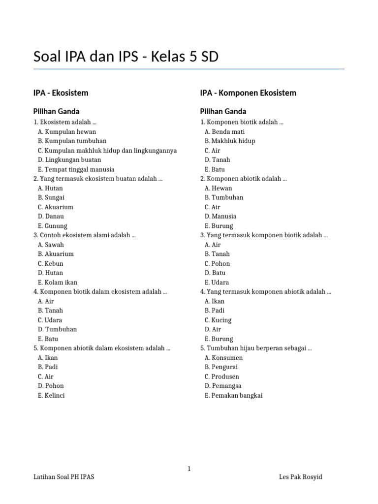Soal IPA dan IPS Kelas 5 SD: Ekosistem | PDF