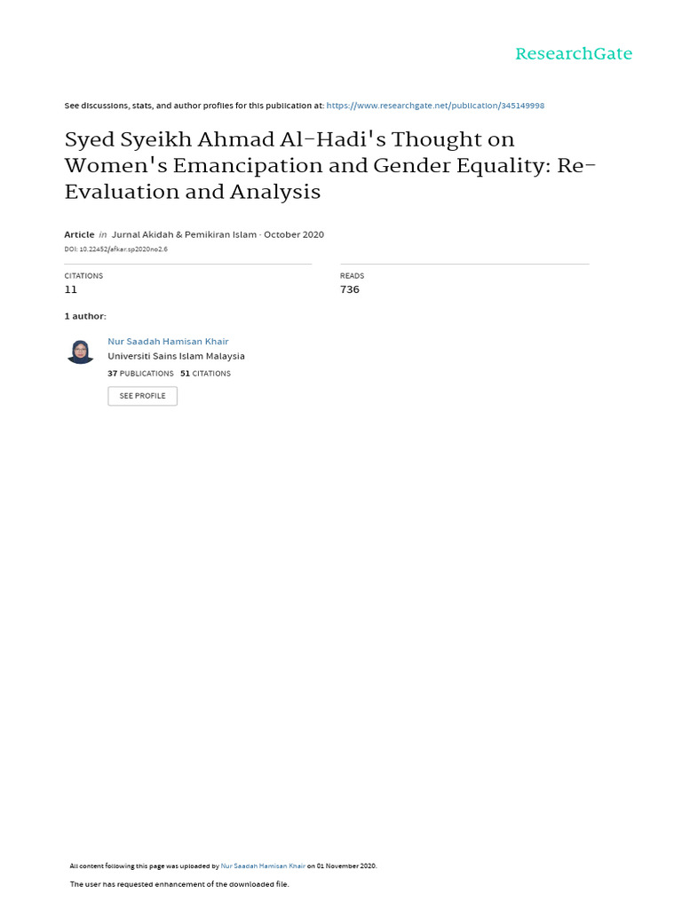 Syed Syeikh Ahmad Al-Hadi's Thought On Women's Emancipation and Gender ...