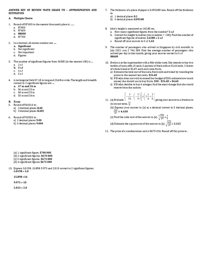 Answer Key of Review Math Grade Vii Approximation and Estimation | PDF ...
