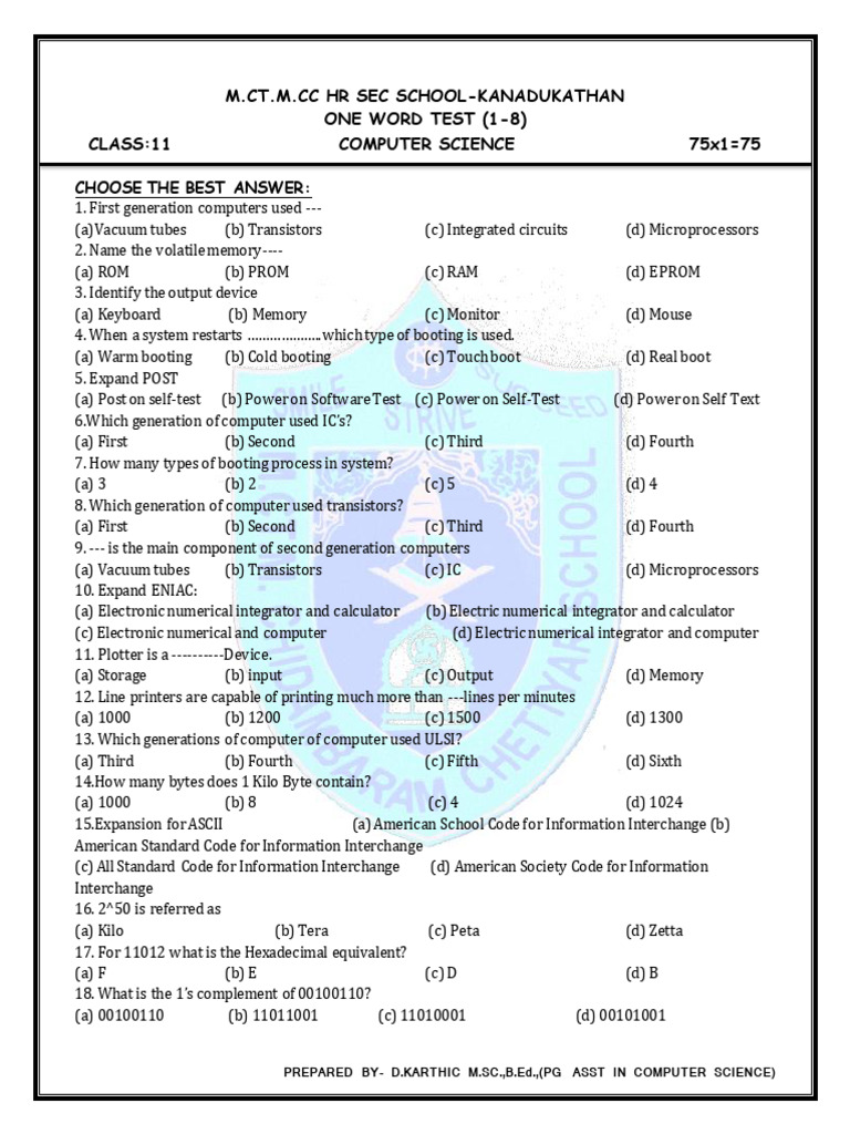11th Computer Science EM Quarterly Portion One Mark Question Paper ...