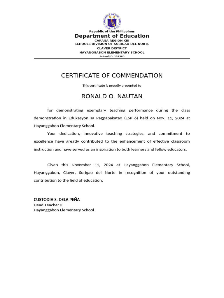 Certificate of Commendation for Ronald Nautan | PDF