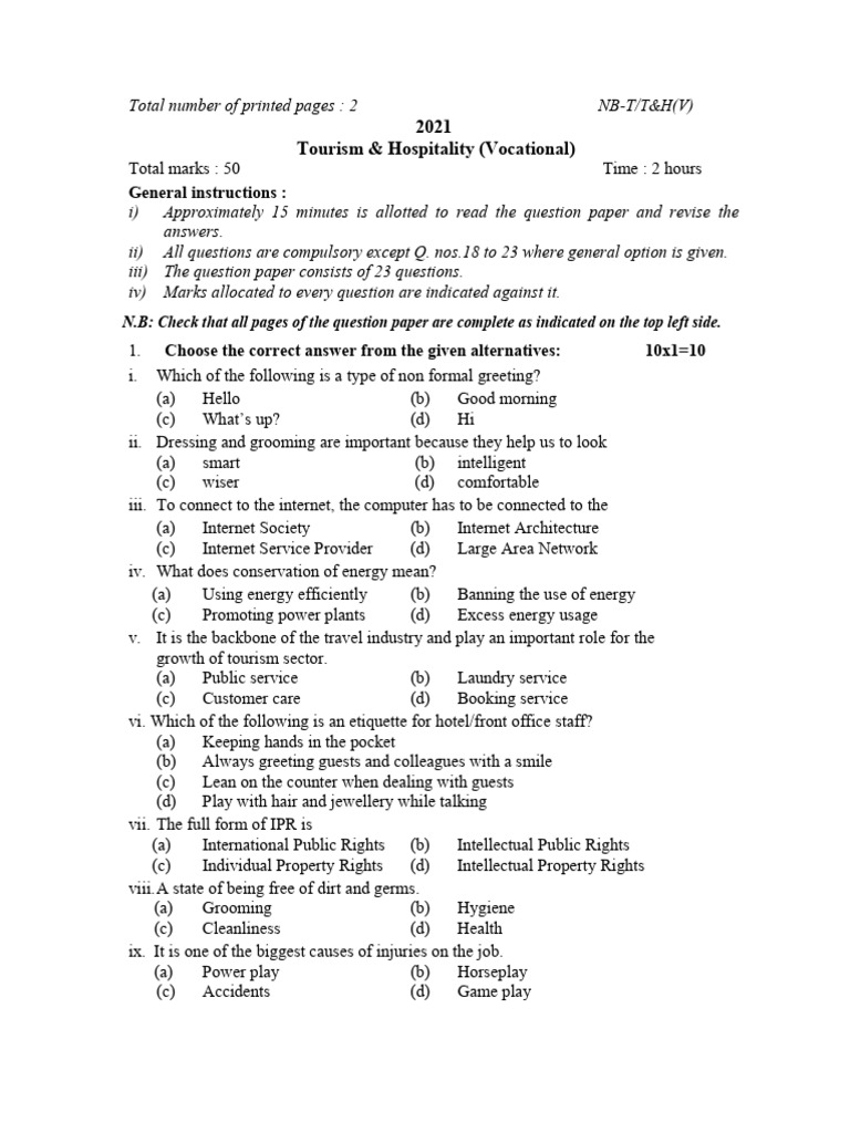 Class 10 Tourism & Hospitality Exam 2021 | PDF | Intellectual Property