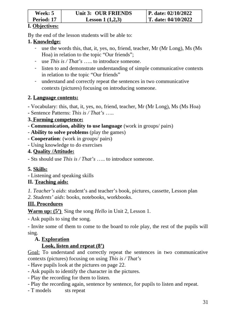 Lesson Plan: Introducing Friends | PDF | Teachers | Vocabulary
