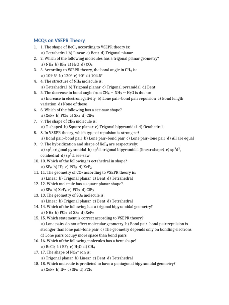 VSEPR Theory MCQs for Class 11 | PDF