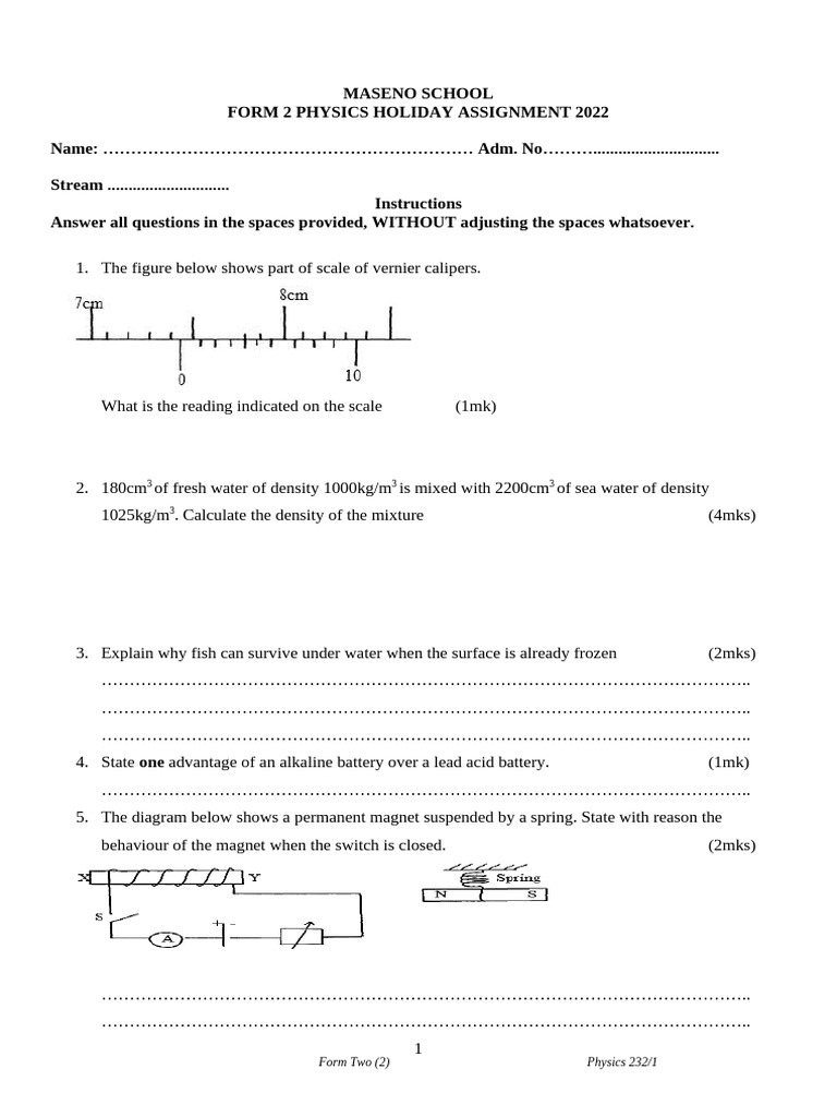 Form 2 Physics Holiday Assignment | PDF | Physical Phenomena