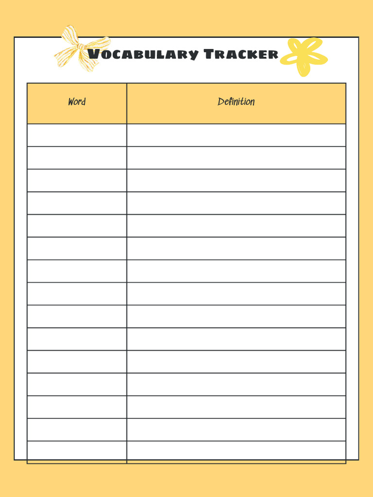 Vocabulary Tracker Worksheet in Yellow and White Illustrative Style 2 | PDF