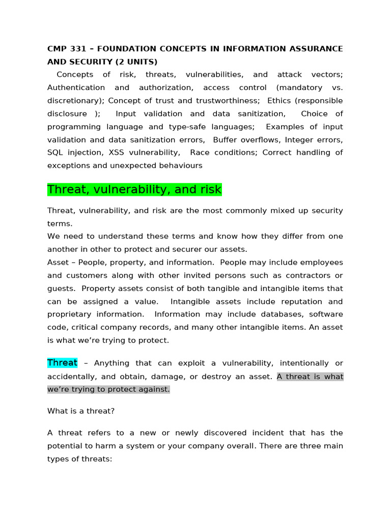 CMP 331 - Foundation Concepts in Information Assurance and Security ...