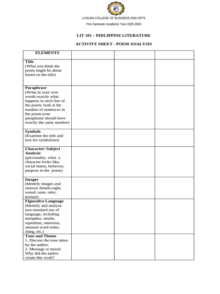 Poem Analysis Activity Sheet | PDF