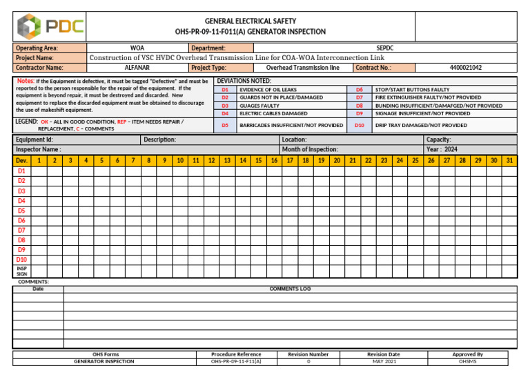 Generator Inspection Safety Checklist | PDF | Energy Industry | Power ...