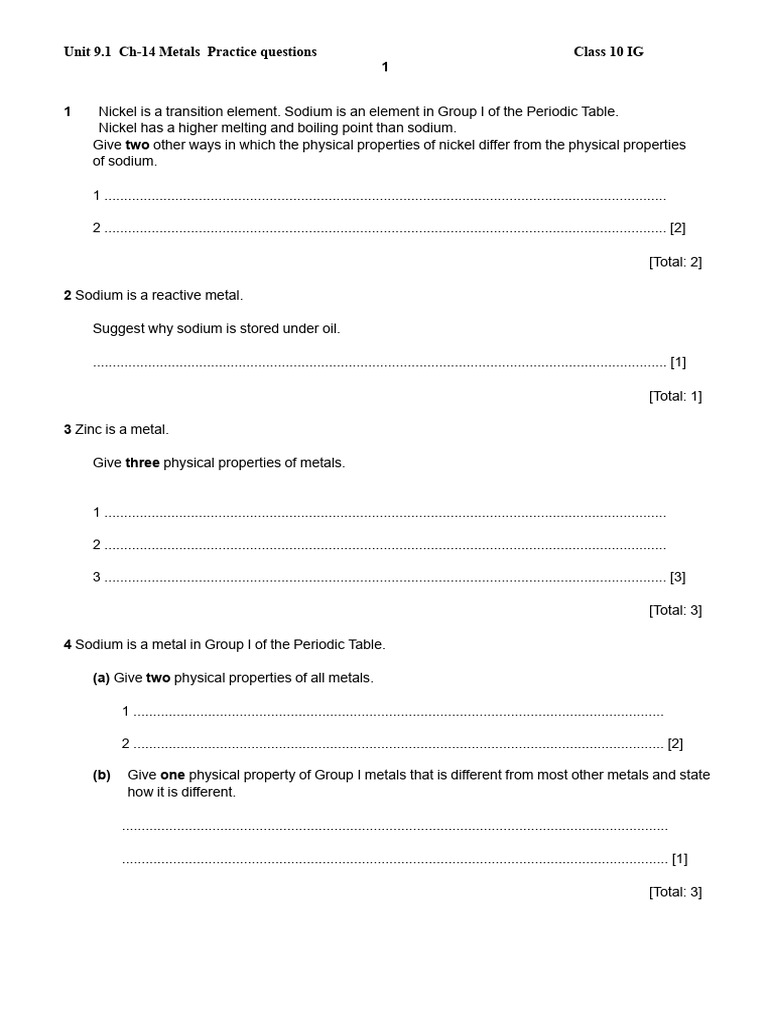 Unit 9.1 Ch-14 Metals Practice Questions | PDF | Metals | Alloy