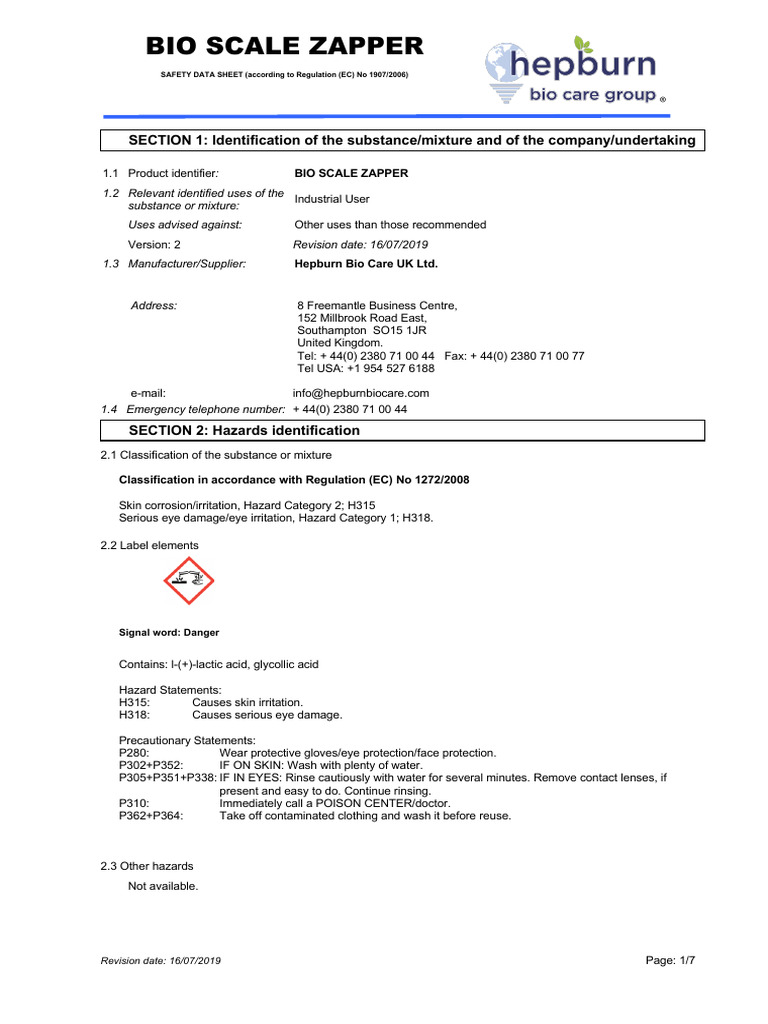 MSDS-Hepburn Bio Scale Zapper Eng AW | PDF | Chemistry | Pollution