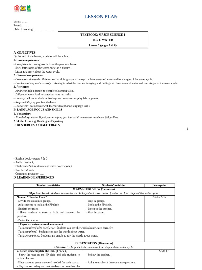 Major Science 4 - Unit 1 - Lesson 2 | PDF | Water | Vocabulary