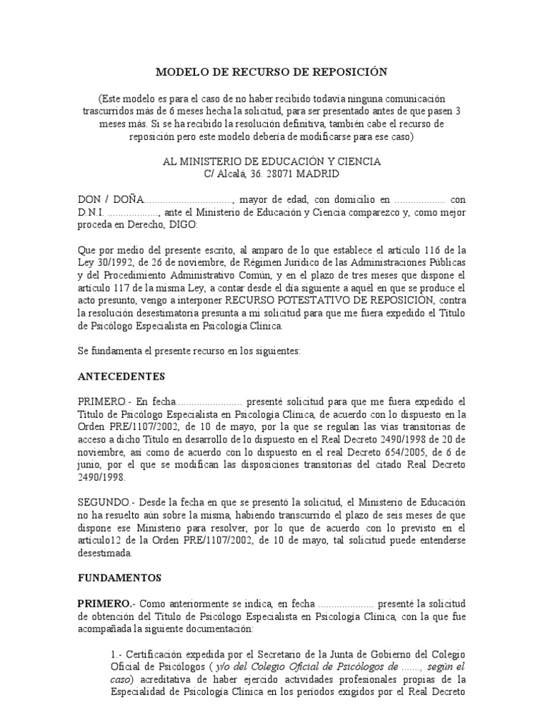 Modelo de Recurso de Reposición | PDF | Psicólogo | Cónsul (representante)