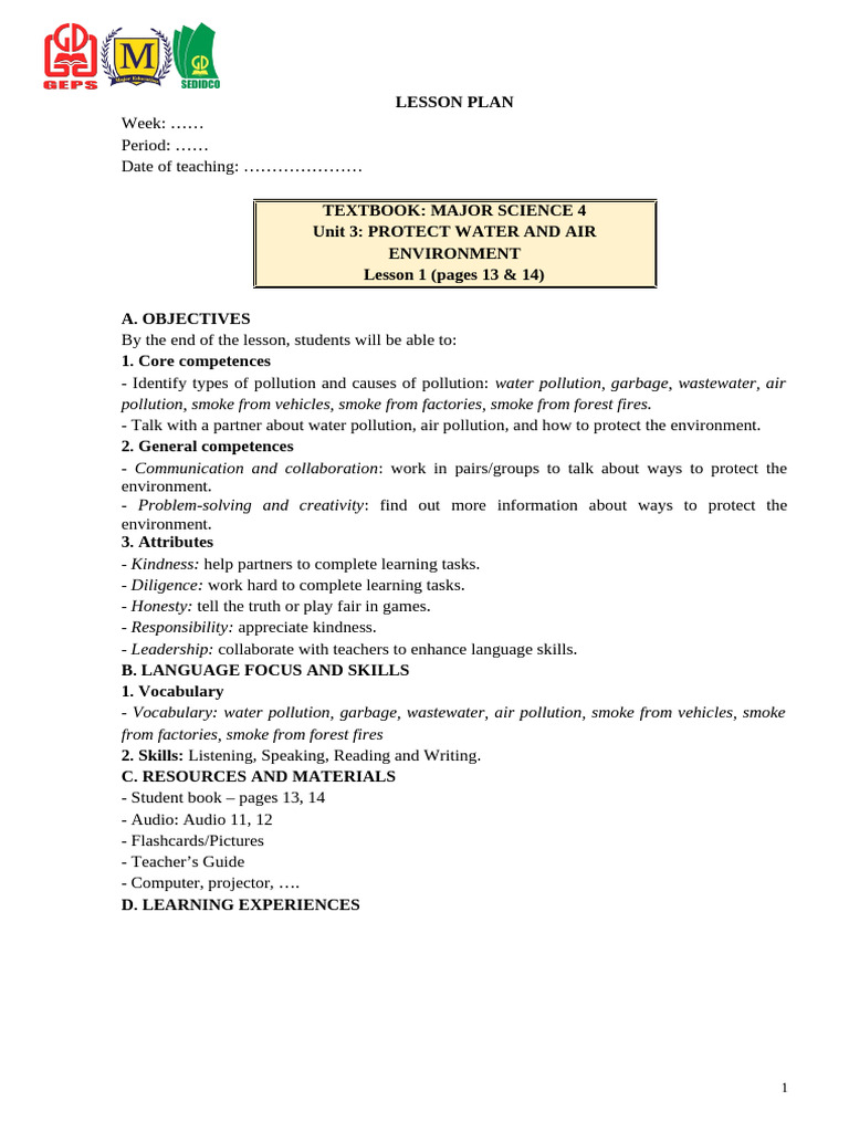 Protecting Water and Air: Lesson Plan | PDF | Question | Teachers