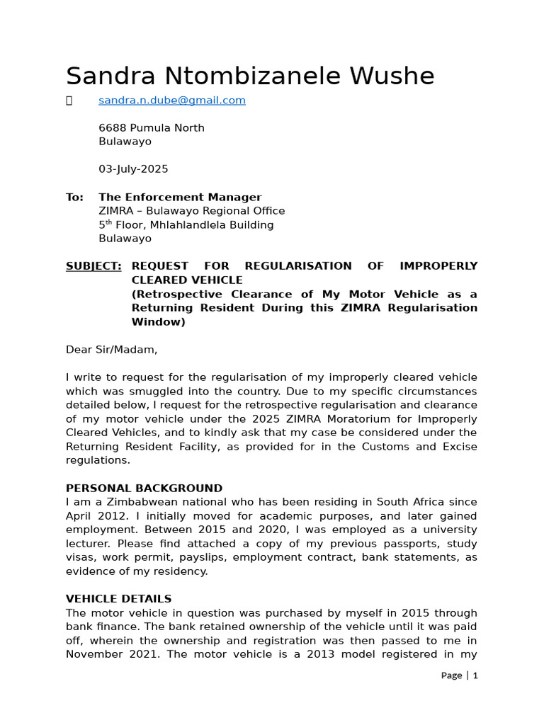 ZIMRA Vehicle Regularisation Request | PDF | Justice | Crime & Violence