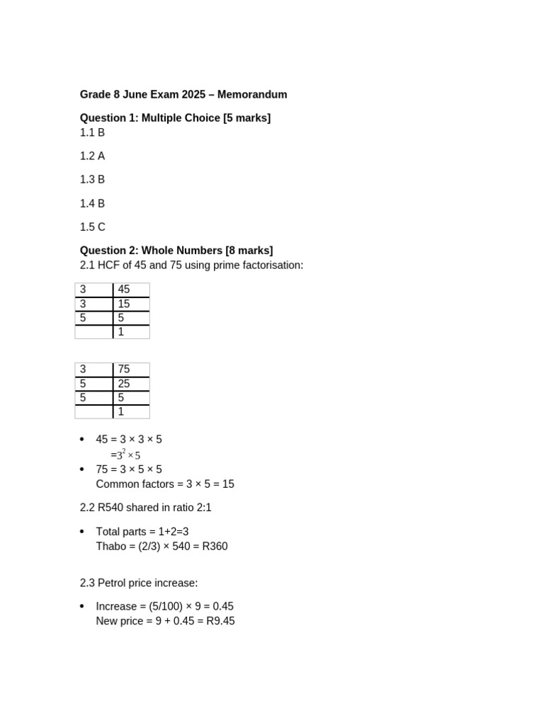 Grade 8 Maths Exam Memo 2025 | PDF