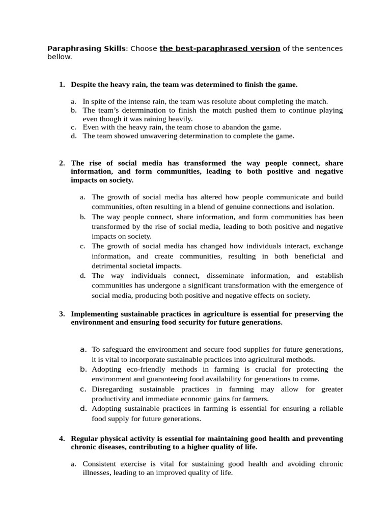 Paraphrasing Skills Practice Exercises | PDF | Sustainability | Agriculture