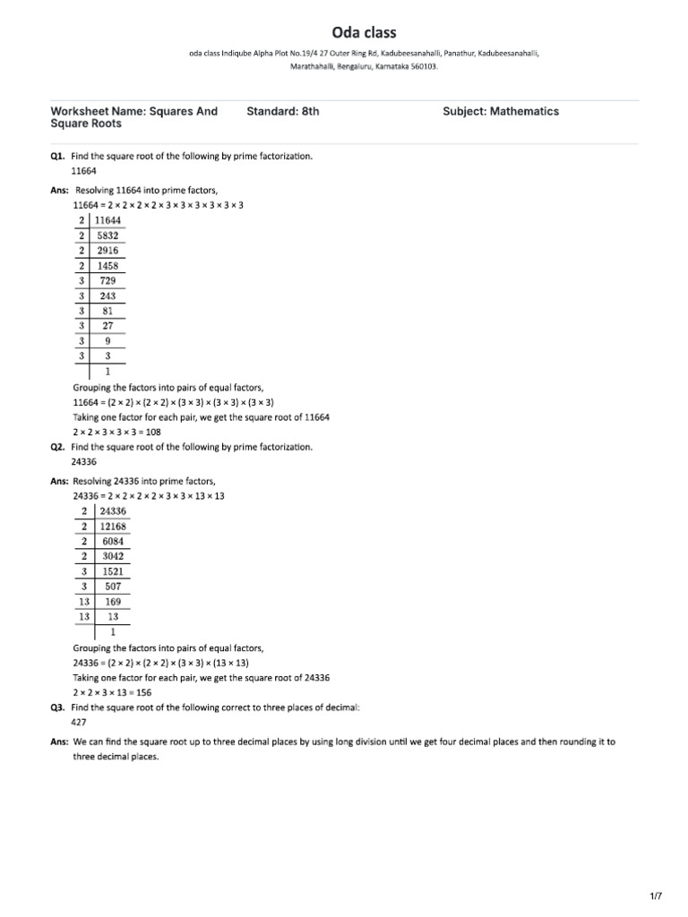 Square and Square Roots - Class 8 | PDF