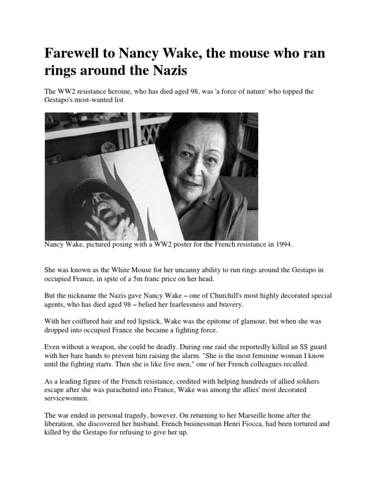 Farewell To Nancy Wake | PDF | French Resistance | Human Rights Abuses