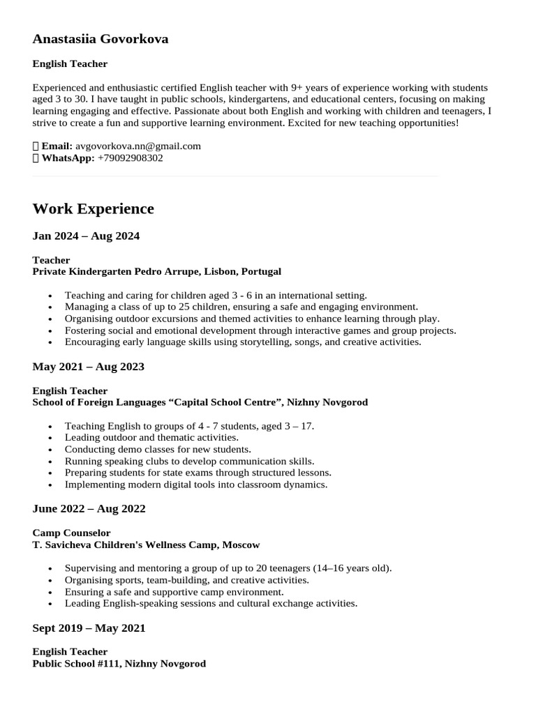 Experienced English Teacher Profile | PDF | Teachers | Human Communication