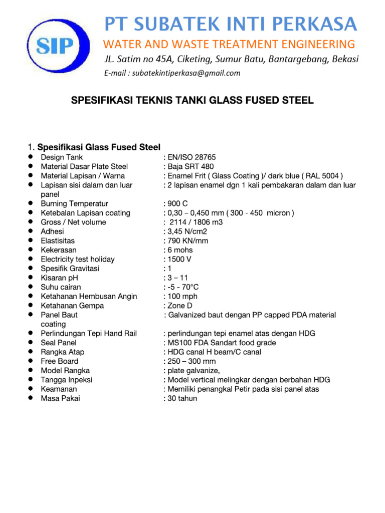 Spesifikasi Teknis Tanki Glass Fused Steel Kap 1800m3 | PDF