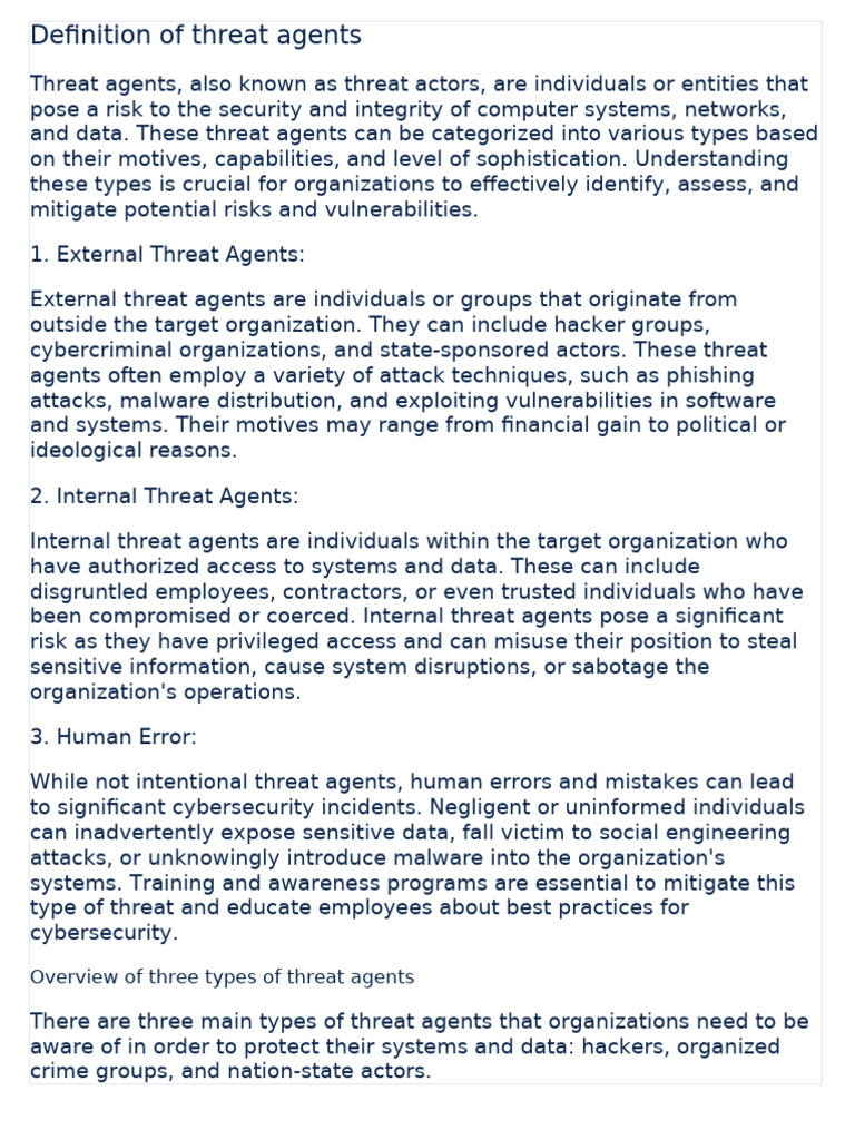 Types of Threat Agents Explained | PDF | Computer Security | Security