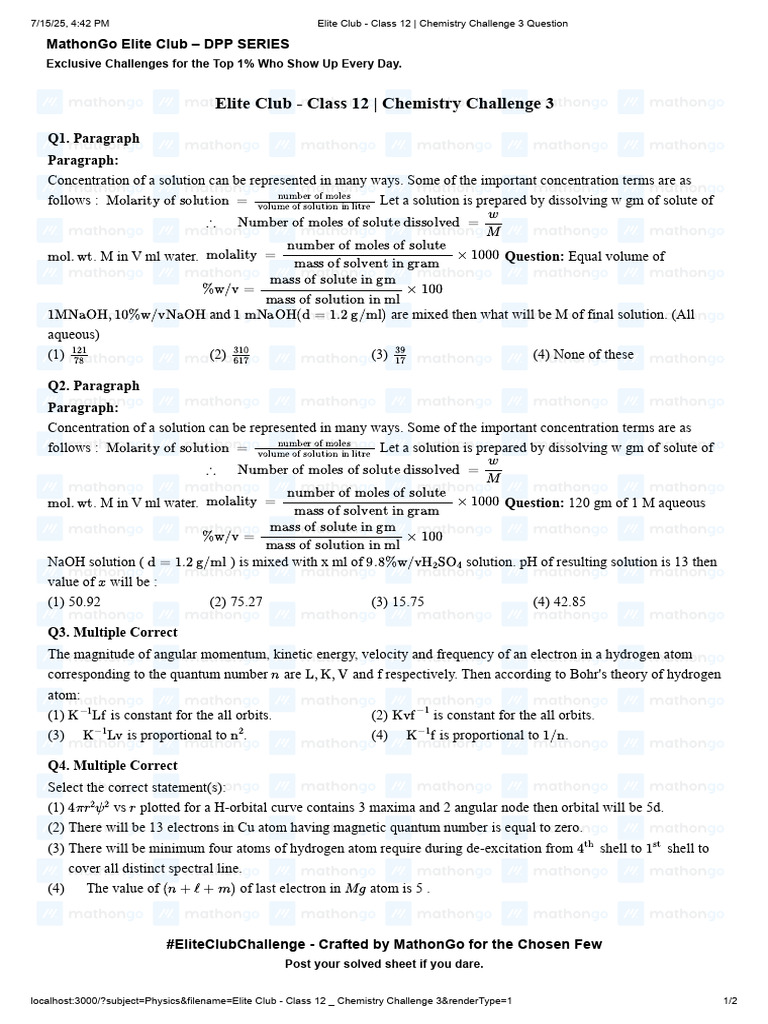 Elite Club - Class 12 - Chemistry Challenge 3 Question | PDF ...