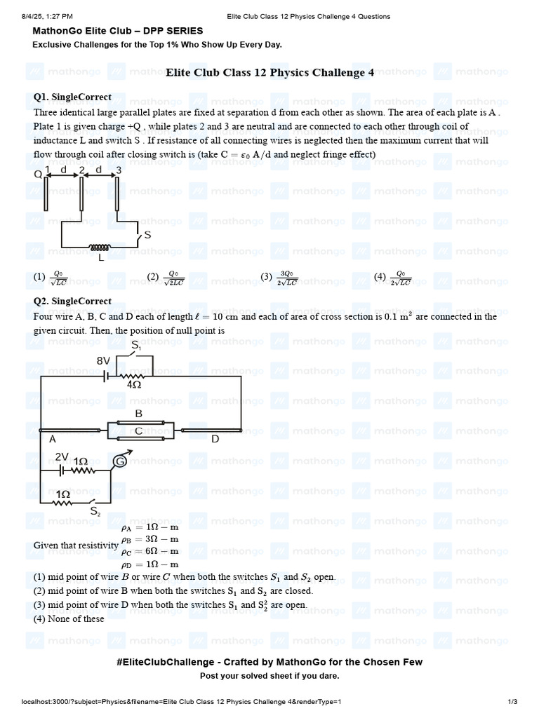 Elite Club Class 12 Physics Challenge 4 Questions | PDF | Acceleration ...