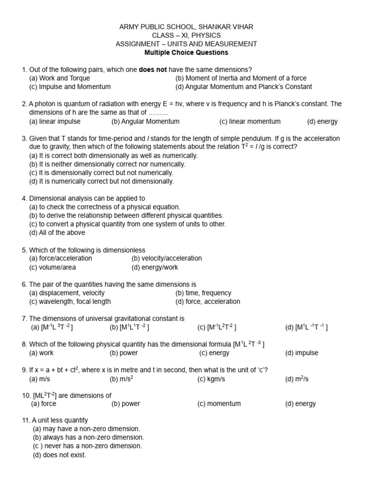 Class XI Physics Assignment: Units & Measurement | PDF | Momentum ...