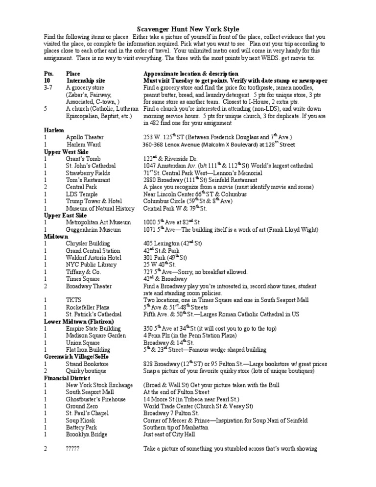 Scavenger Hunt New York Style | PDF | Broadway (Manhattan) | Manhattan
