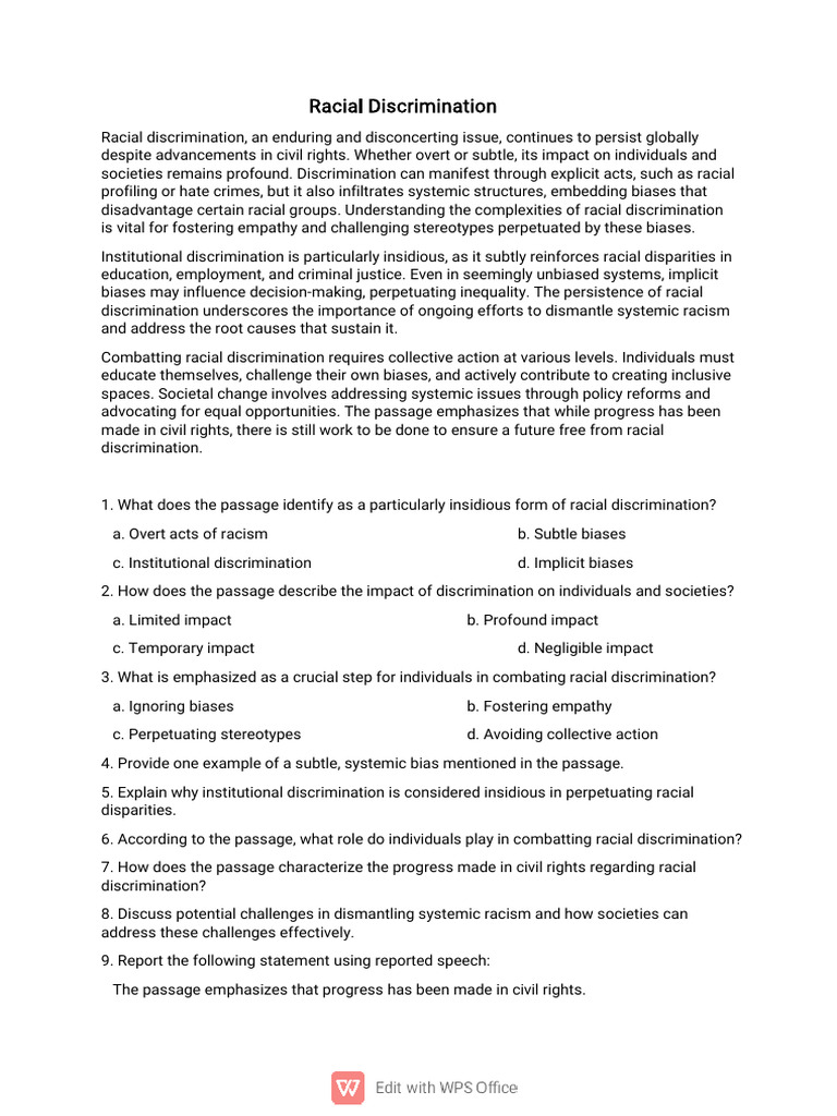 Racial Discrimination Class 8 Reading Passage | PDF | Discrimination ...