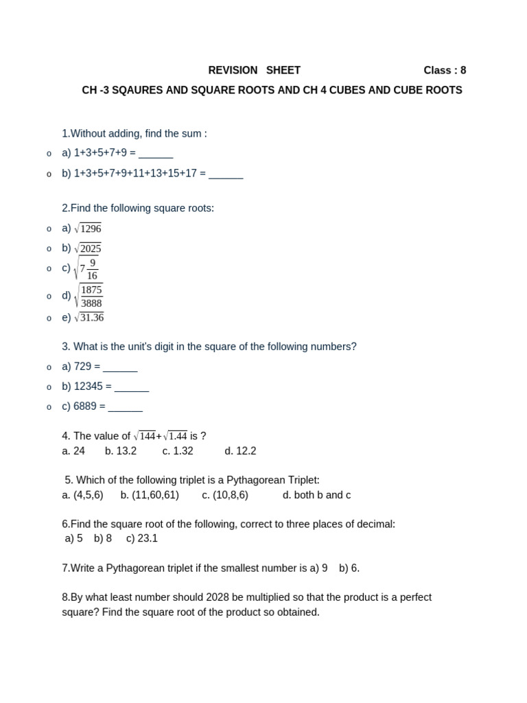 Squares, Roots, and Cubes Exercises | PDF | Square Root | Numbers