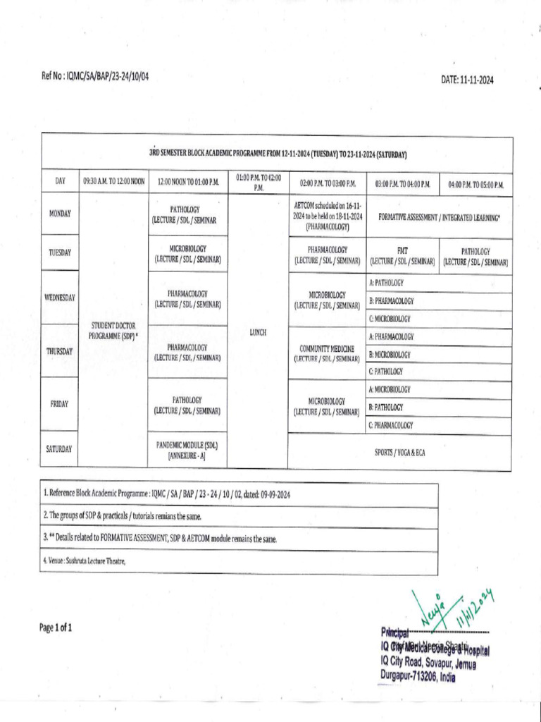 3rd, 5th, 7th & 9th Semester Class Block Academic Program From 12-11 ...