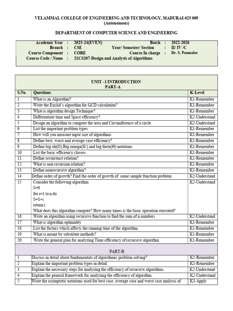 CSE Algorithm Design Course Outline | PDF | Recurrence Relation ...