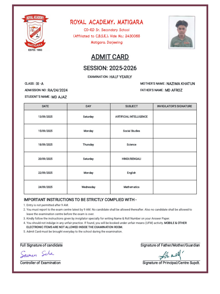 Admit Card Azaj Class 9 | PDF