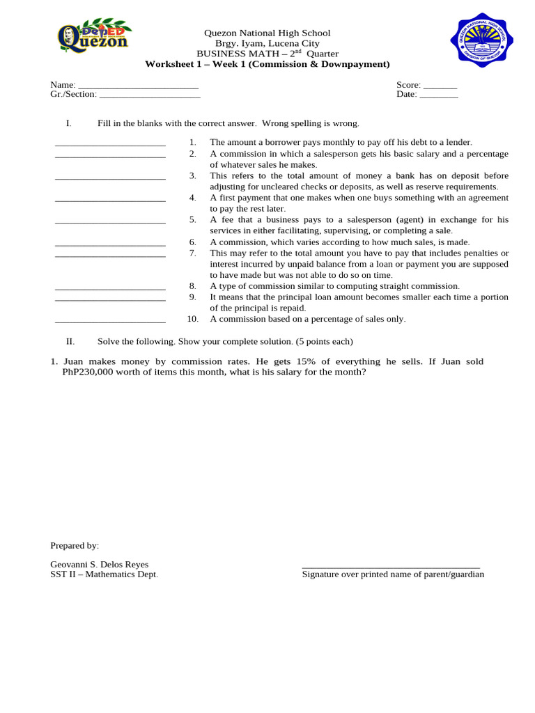 Worksheet No. 1 - 2nd Qtr. - Commission | PDF | Loans | Interest