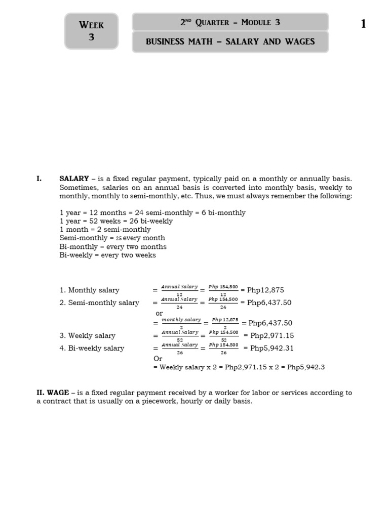 Business-Mathematics Module - Week 3 Q2 (Salaries and Wages)-New | PDF | Piece Work | Salary