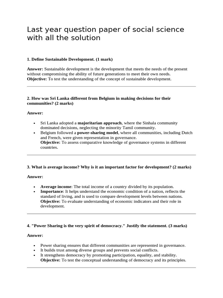Last Year Question Paper of Social Science With All The Solution | PDF ...