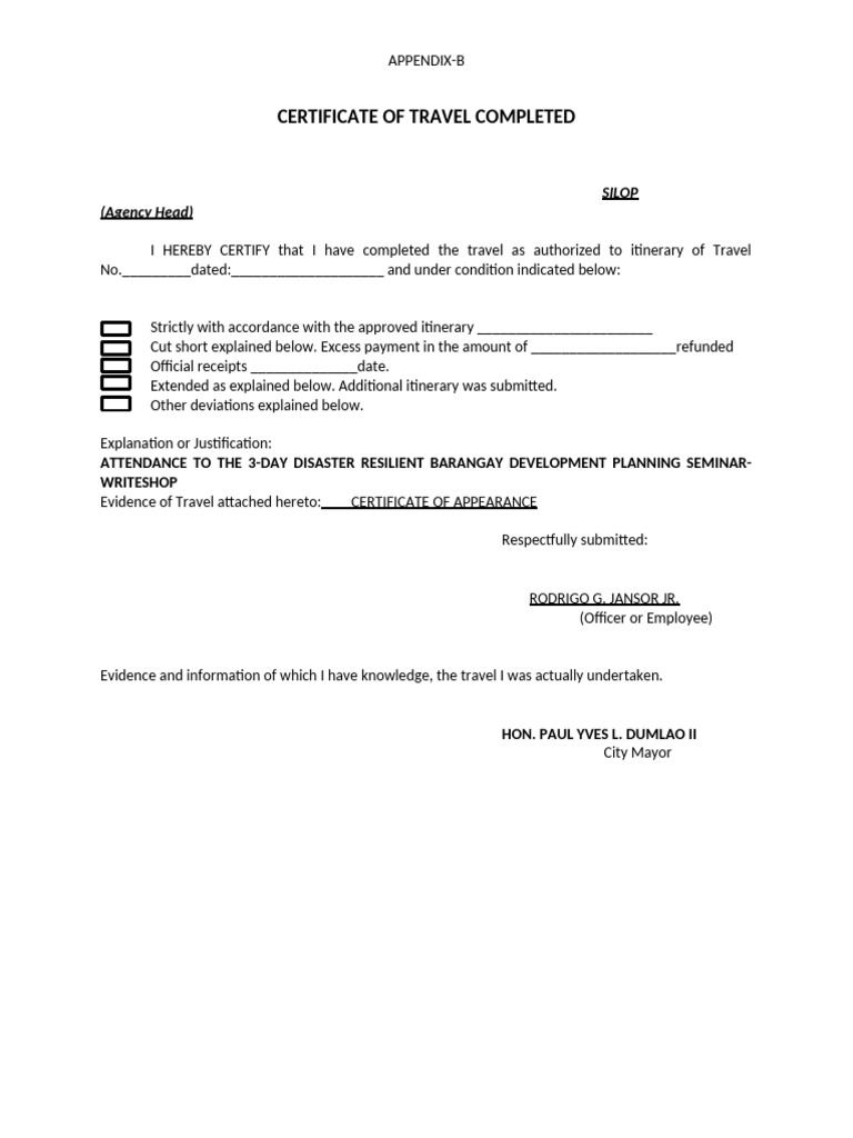 Certificate of Travel Completed | PDF