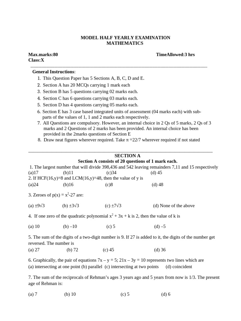 Class X Half-Yearly Math Exam Paper | PDF | Rainbow | Circle